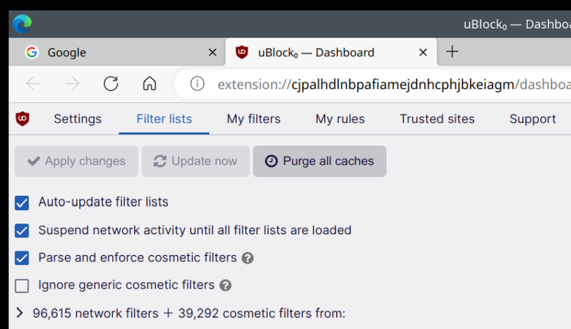 UBlock Origin & filters not loaded at browser startup